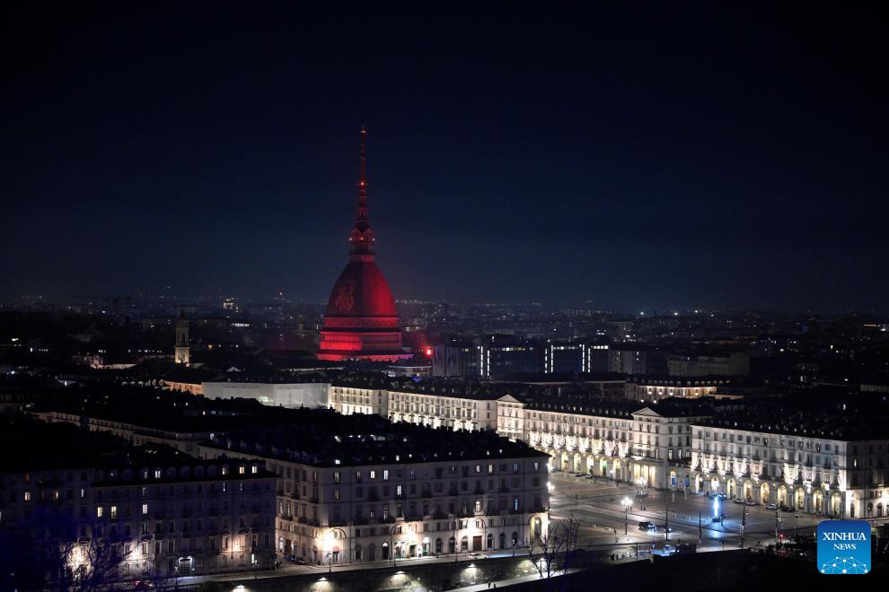 Mole Antonelliana in Turin illuminated in red to celebrate Chinese New Year