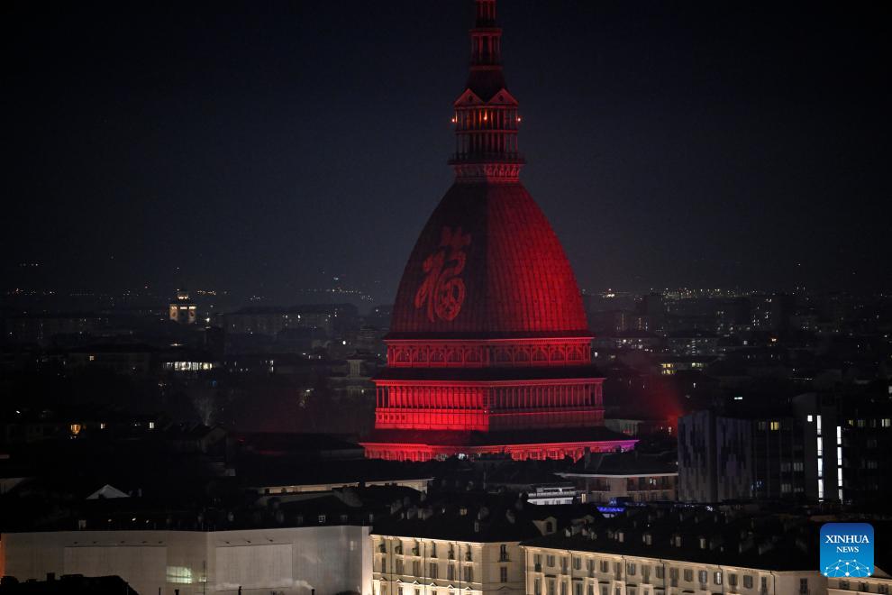 Mole Antonelliana in Turin illuminated in red to celebrate Chinese New Year
